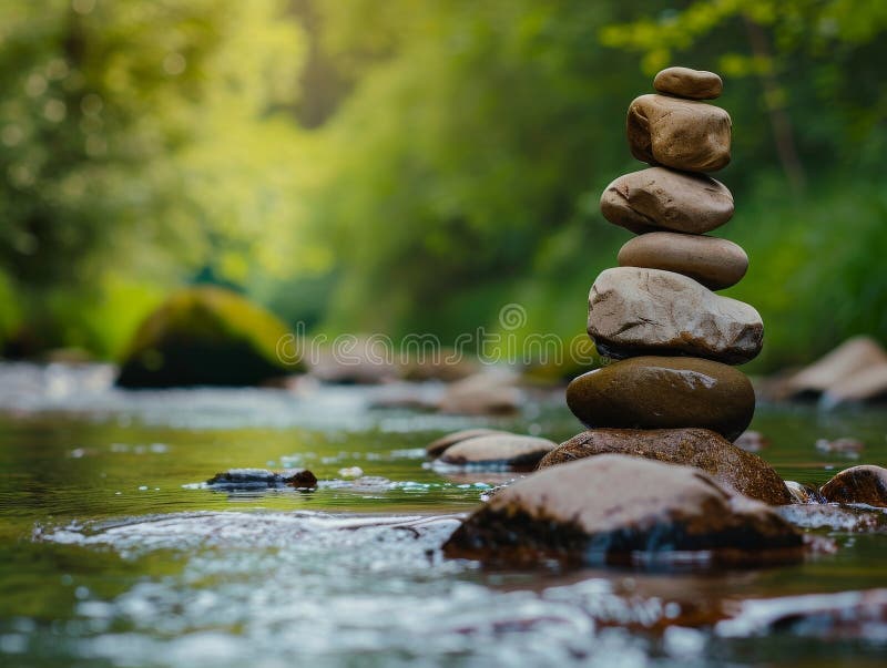Zen Stones Stacked by a Tranquil River Stock Illustration ...