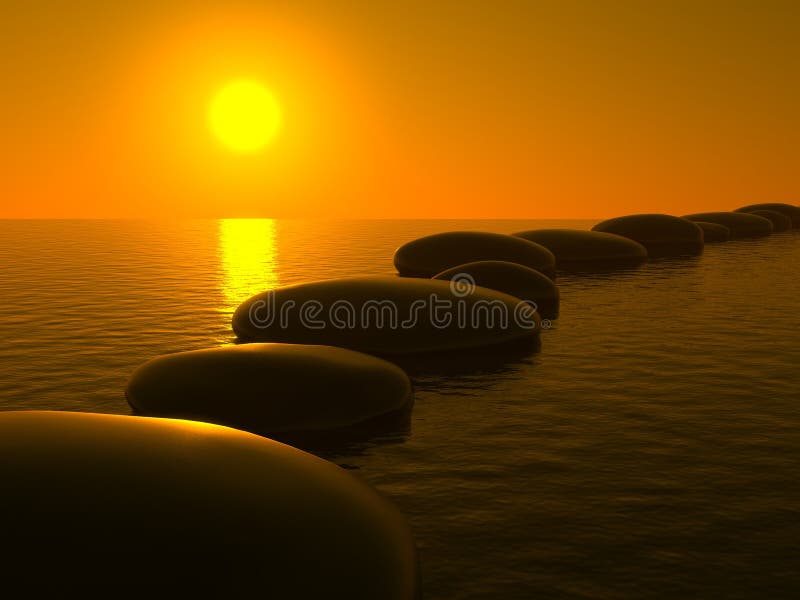 Zen Stones in Water, Sunset Stock Illustration - Illustration of calm ...