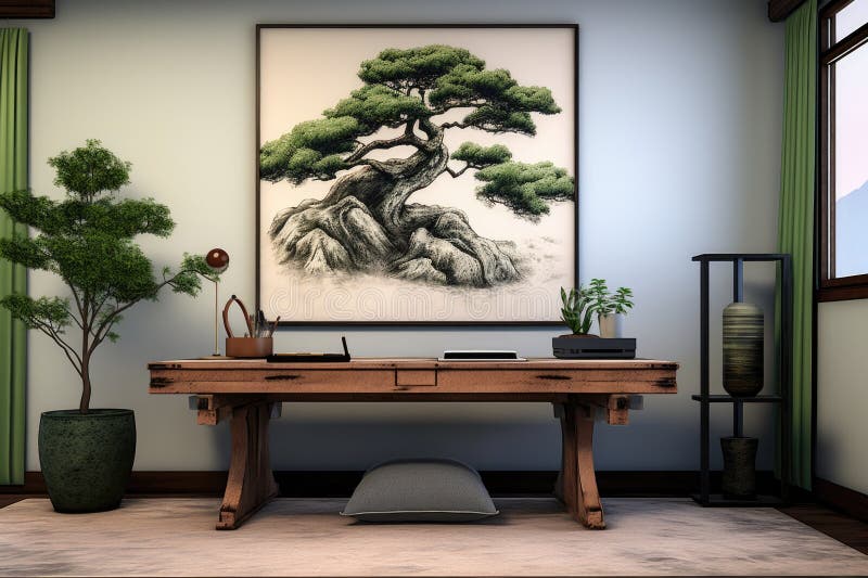 Zen Study Space with Minimalist Desk, Bonsai Tree, and Calming Wall Art ...