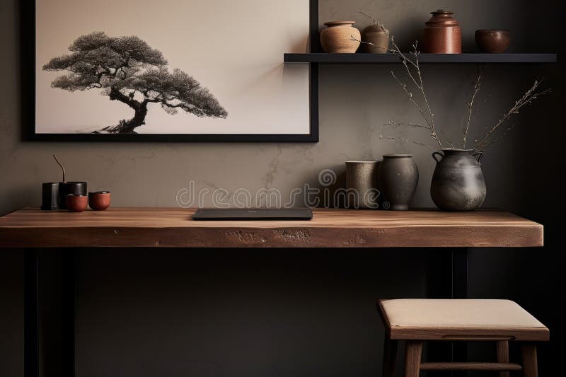 Zen Study Space with Minimalist Desk, Bonsai Tree, and Calming Wall Art ...
