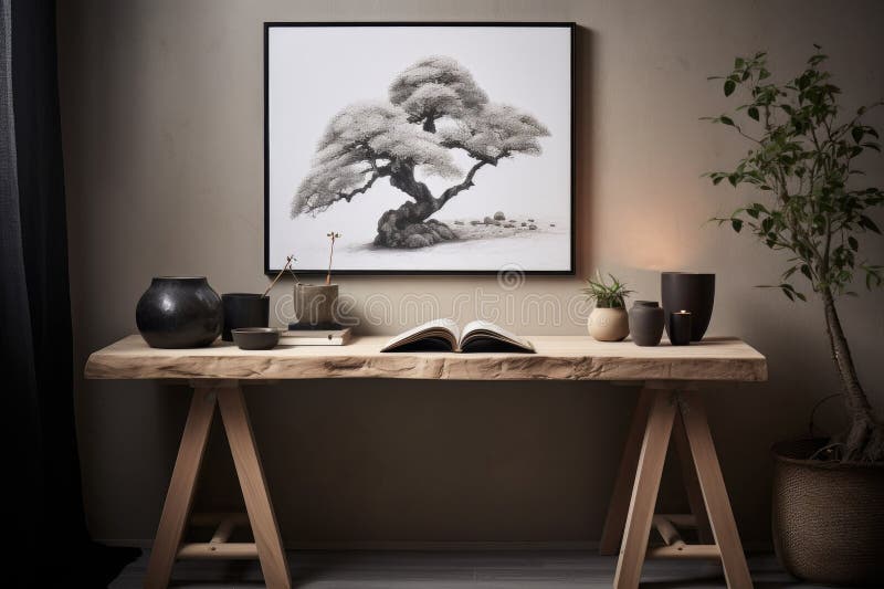 Zen Study Space with Minimalist Desk, Bonsai Tree, and Calming Wall Art ...