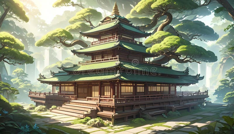 Zen Temple with Coiled Snake Forest Stock Illustration - Illustration ...