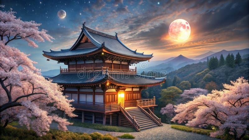 Zen Temple at Sunset Cherry Blossoms, Full Moon, Two-Story Structure ...