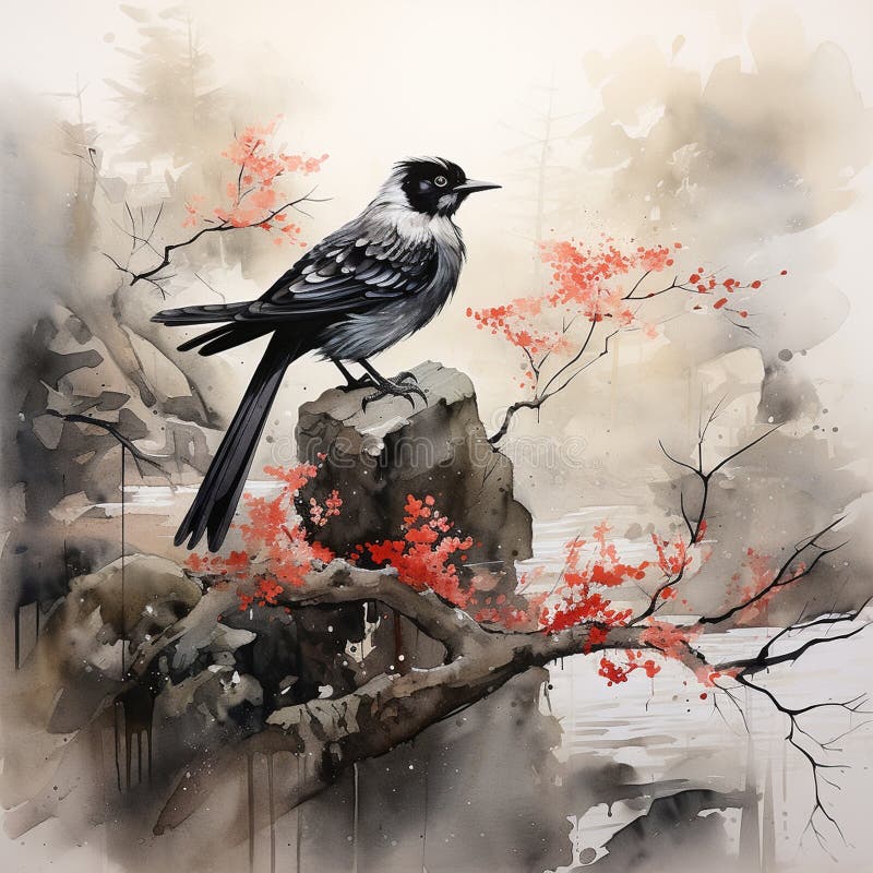 Zen Tree Sumi-e Ink Painting Stock Illustration - Illustration of ...