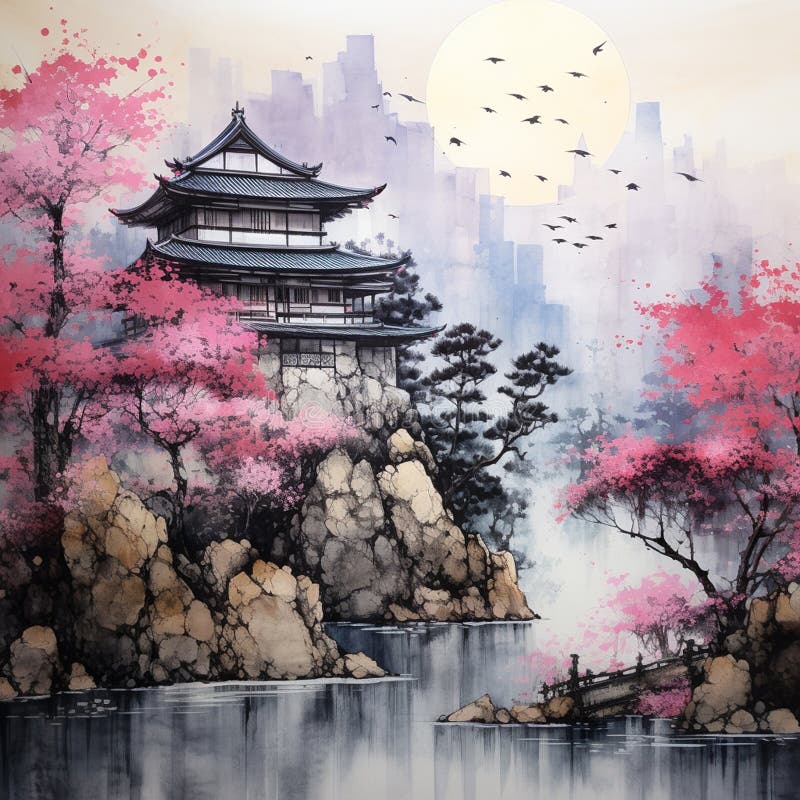 Zen Tree Sumi-e Ink Painting Stock Illustration - Illustration of ...