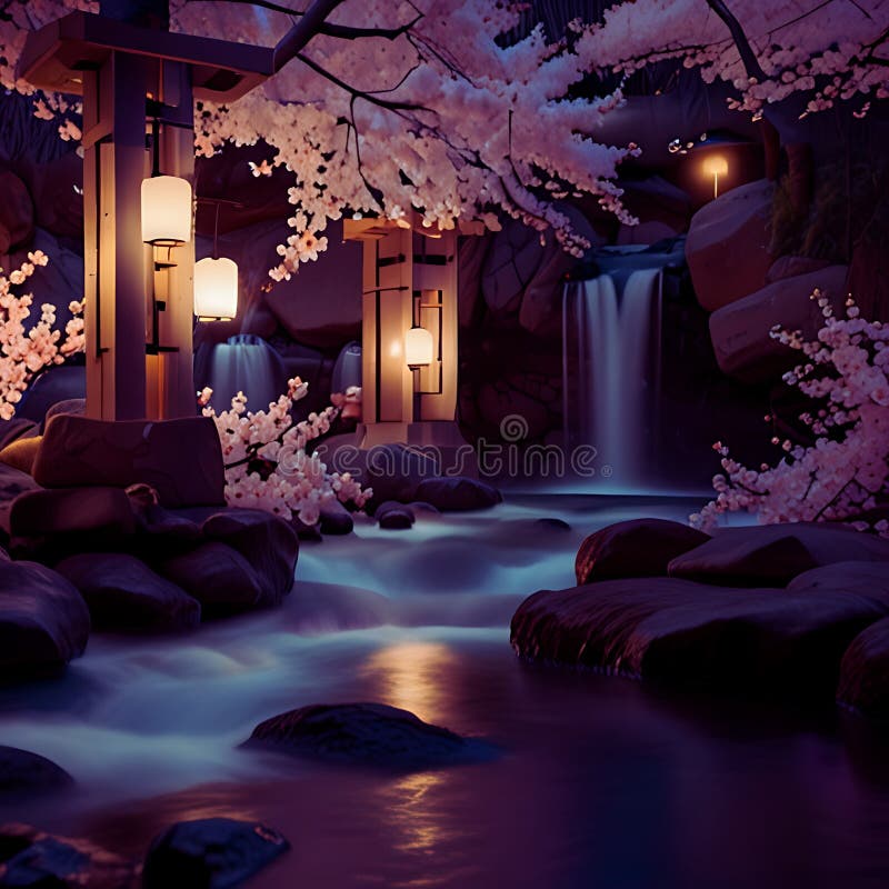 Zen Waterfall with Floating Lanterns Stock Illustration - Illustration ...