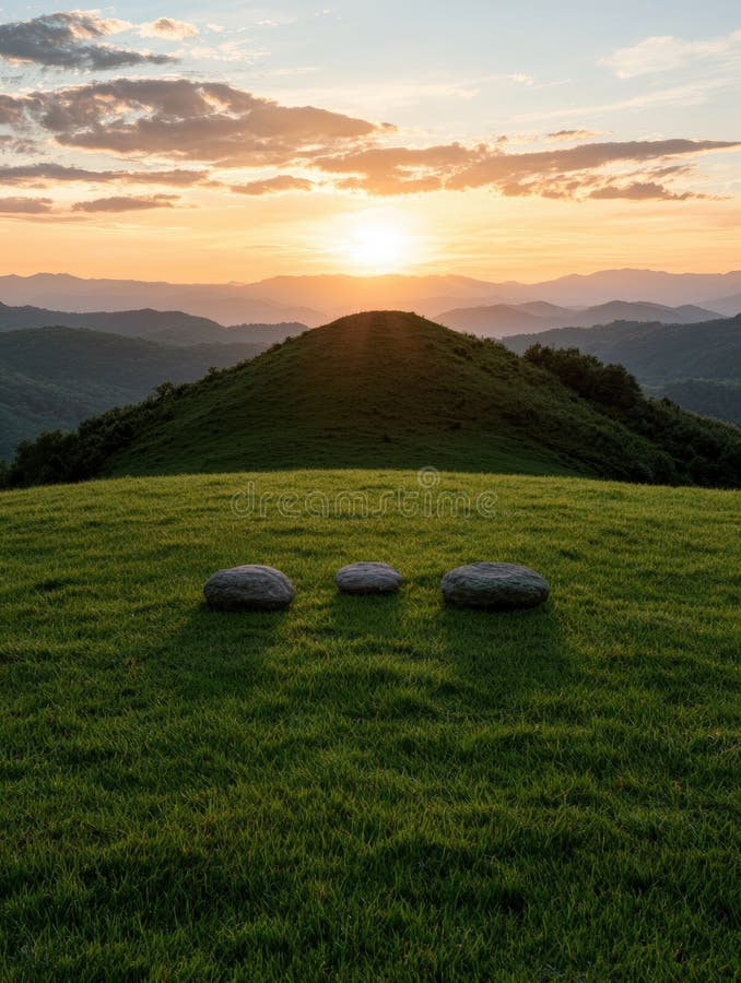 Zenith Sunset Over Grassy Hill with Rocks. Stock Illustration ...