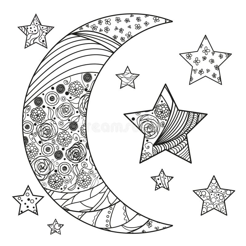 Zentangle Moon and Star with Abstract Patterns Stock Vector ...