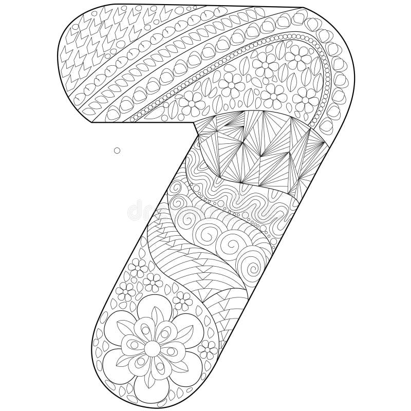Zentangle Pattern Number 7, Black and White Illustration of the Number ...