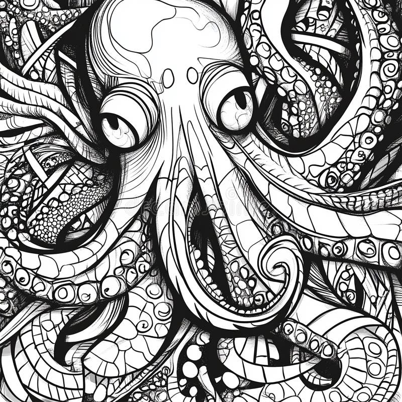 Zentangle-style Octopus with Flowing Tentacles Filled with Geometric ...