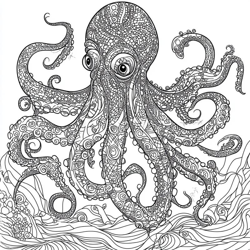 Zentangle-style Octopus with Flowing Tentacles Filled with Geometric ...