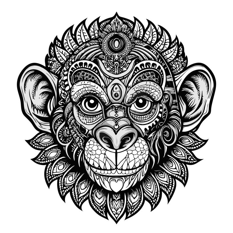 Zentangle Style Psychedelic Monkey Head Tattoo Vector Art on White Background Stock Illustration ...