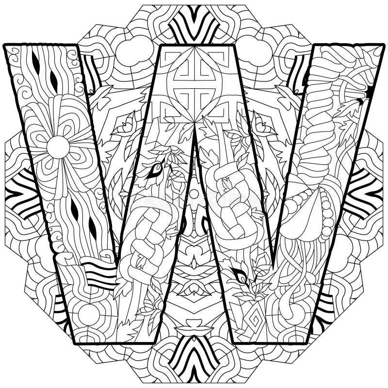 Letter W Monogram, Engraving Design on Mandala for Coloring. Vector ...