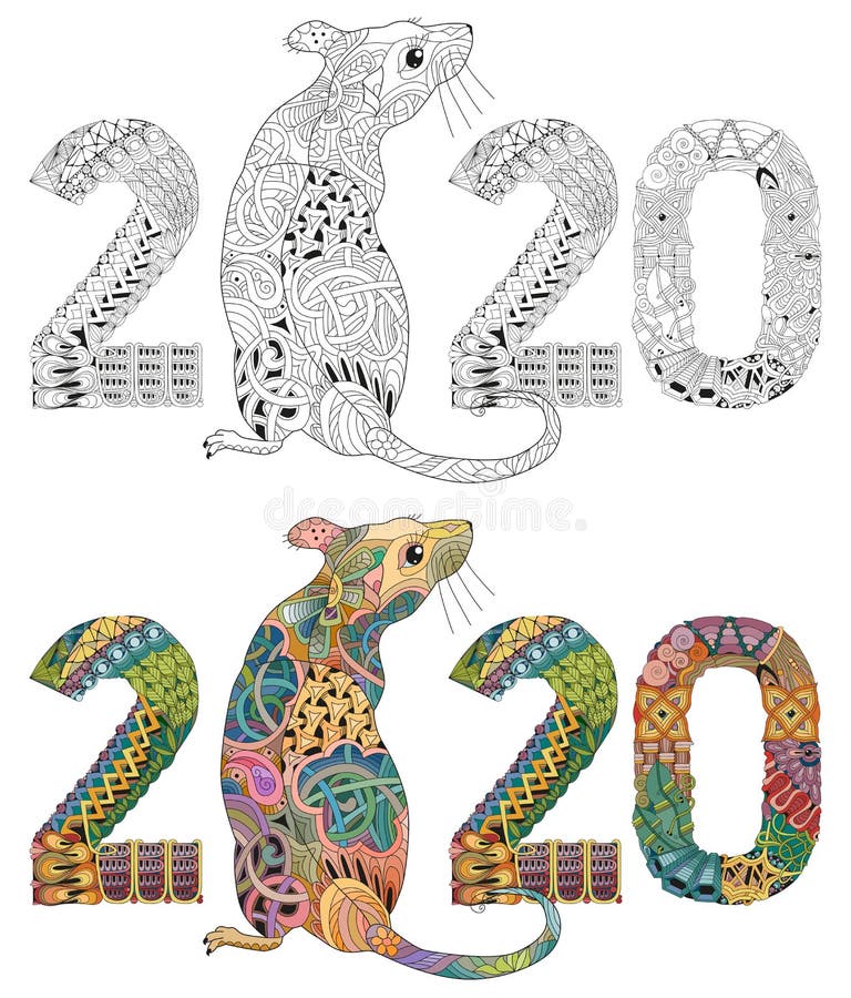 Zentangle Stylized Rat Number 2020. Hand Drawn Lace Vector Illustration ...