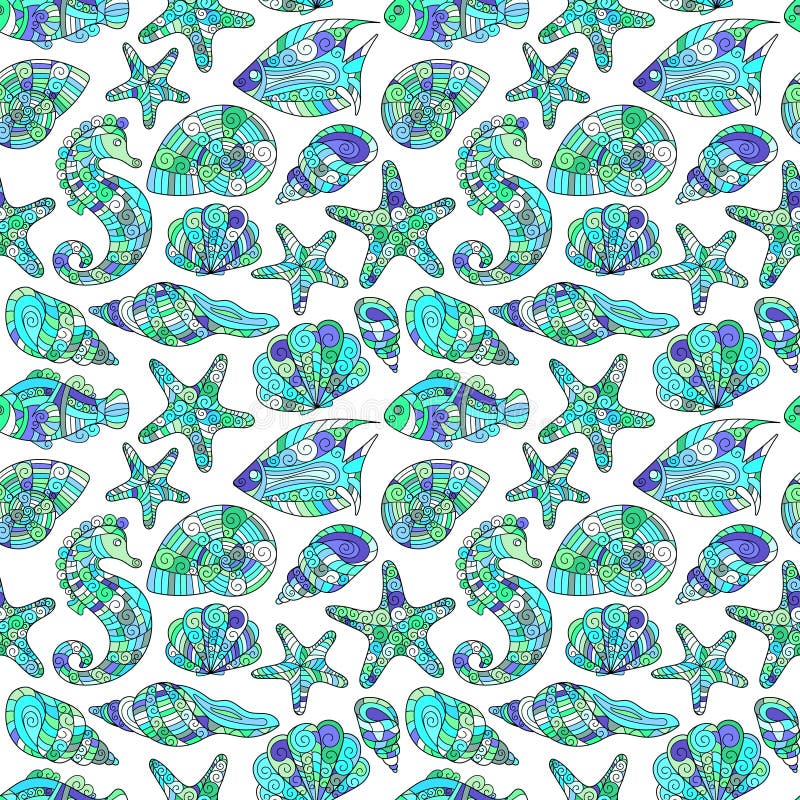 Zentangle Stylized Animal Set Sea Collection. Ocean Life. Stock Vector ...