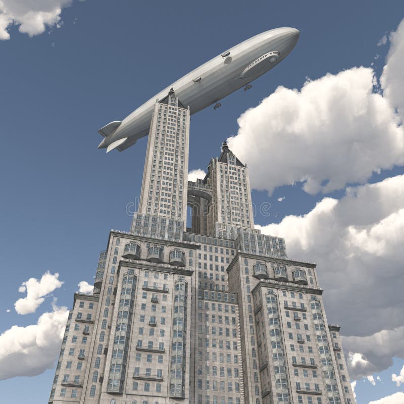 Zeppelin over a skyscraper stock illustration. Illustration of building ...