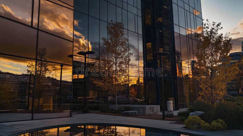 Zero Energy Building Reflection at Sunset Urban Cityscape Modern ...