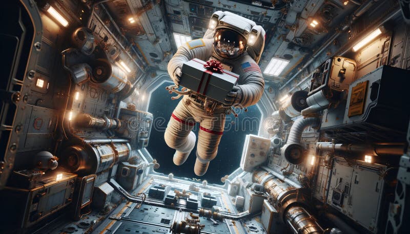 Zero Gravity Astronaut with Gift Box in Space Shuttle Stock ...