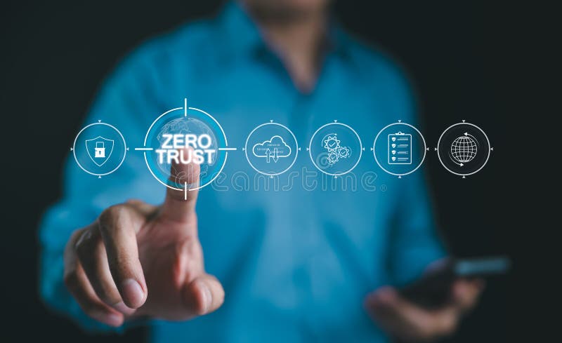 Zero Trust Security Concept. Businessman Touch Virtual Icons Zero Trust ...