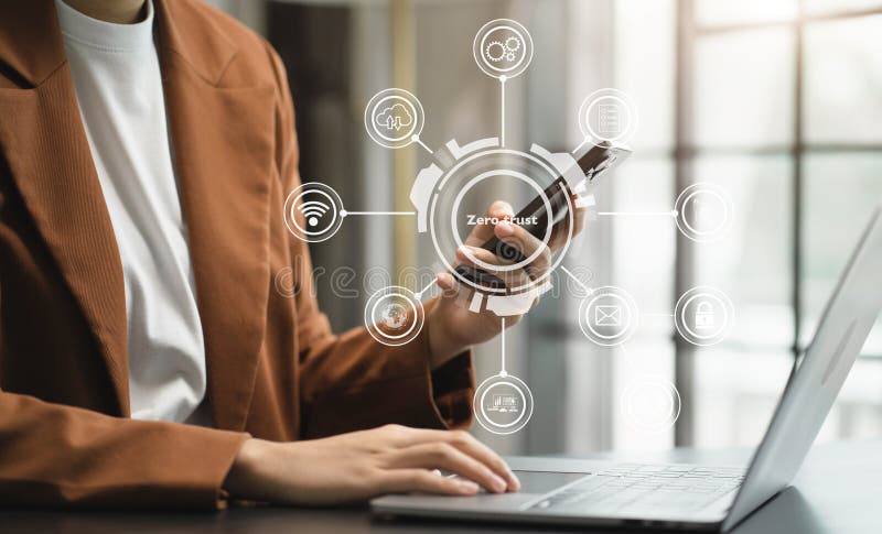 Zero Trust Security Concept Person Using Computer and Smartphone with ...