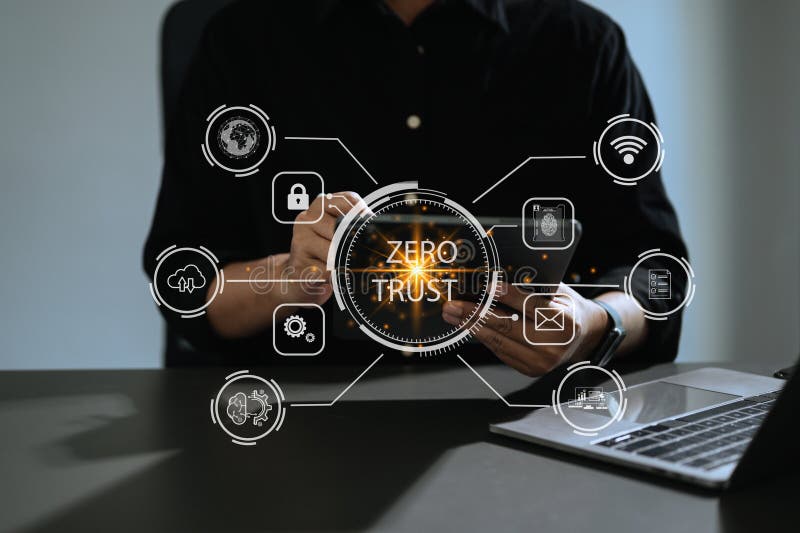 Zero Trust Security Concept Person Using Computer and Tablet with Zero ...