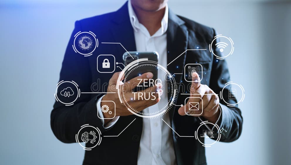 Zero Trust Security Concept Person Using Computer and Tablet with Zero ...