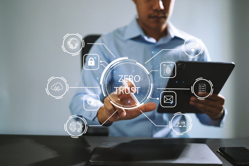 Zero Trust Security Concept Person Using Computer and Tablet with Zero ...