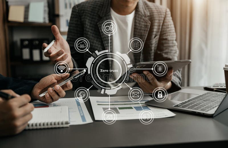 Zero Trust Security Concept Person Using Computer and Tablet with Zero ...