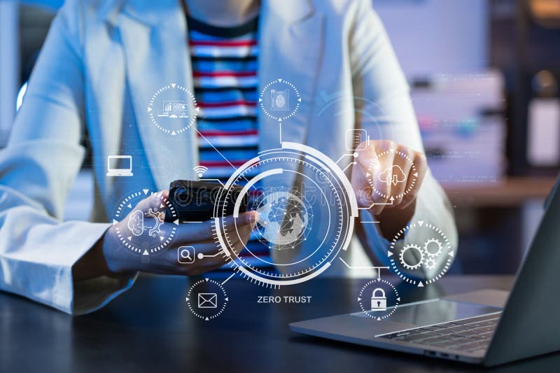 Zero Trust Security Concept Person Using Computer and Tablet with Zero ...