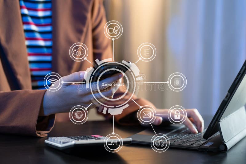 Zero Trust Security Concept Person Using Computer and Tablet with Zero ...