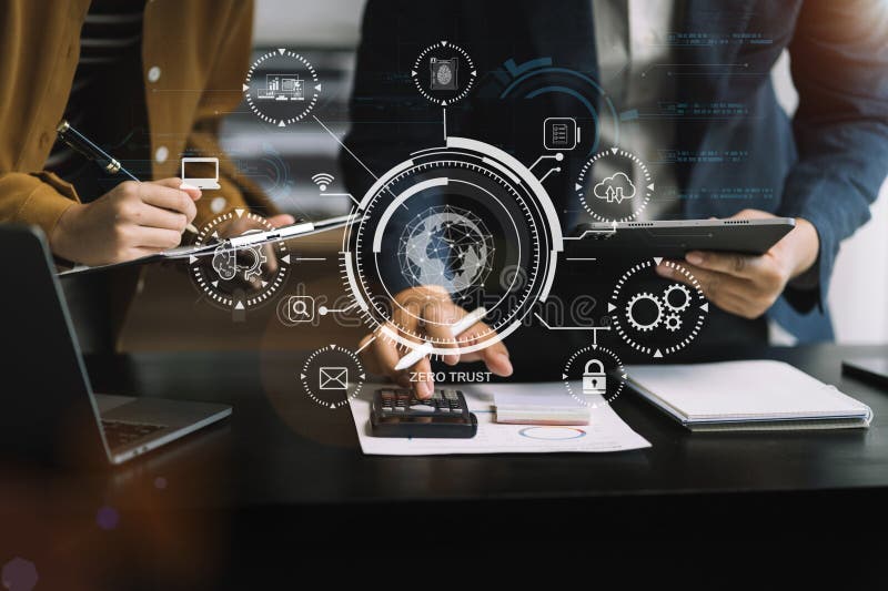 Zero Trust Security Concept Person Using Computer and Tablet with Zero ...