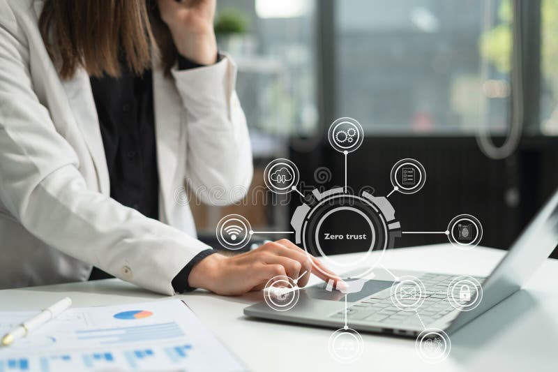 Zero Trust Security Concept Person Using Computer and Tablet with Zero ...
