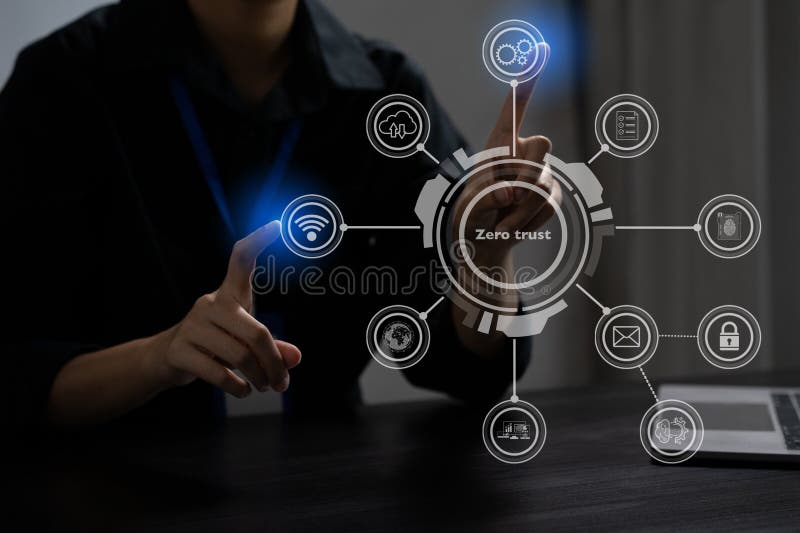 Zero Trust Security Concept Person Using Computer and Tablet with Zero ...