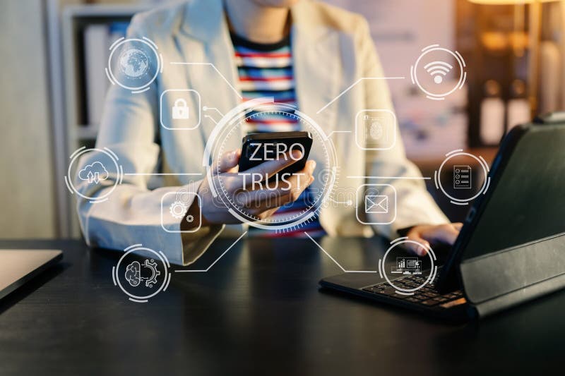 Zero Trust Security Concept Person Using Computer and Tablet with Zero ...