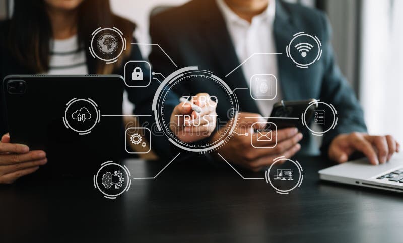 Zero Trust Security Concept Person Using Computer and Tablet with Zero ...