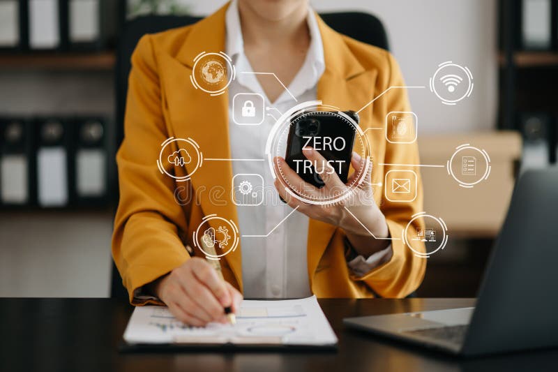 Zero Trust Security Concept Person Using Computer and Tablet with Zero ...