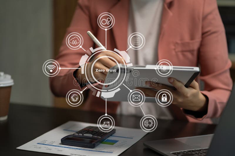 Zero Trust Security Concept Person Using Computer and Tablet with Zero ...