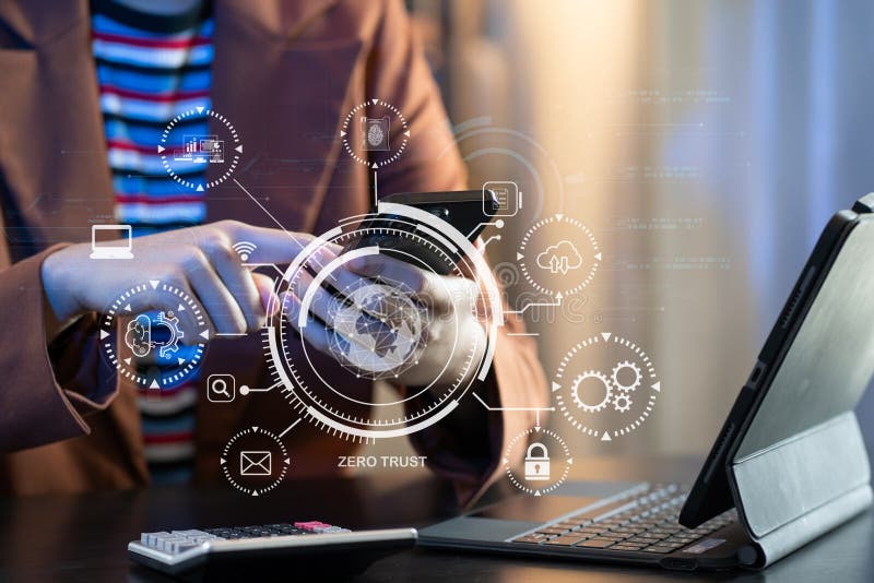 Zero Trust Security Concept Person Using Computer and Tablet with Zero ...