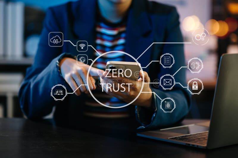 Zero Trust Security Concept Person Using Computer and Tablet with Zero ...