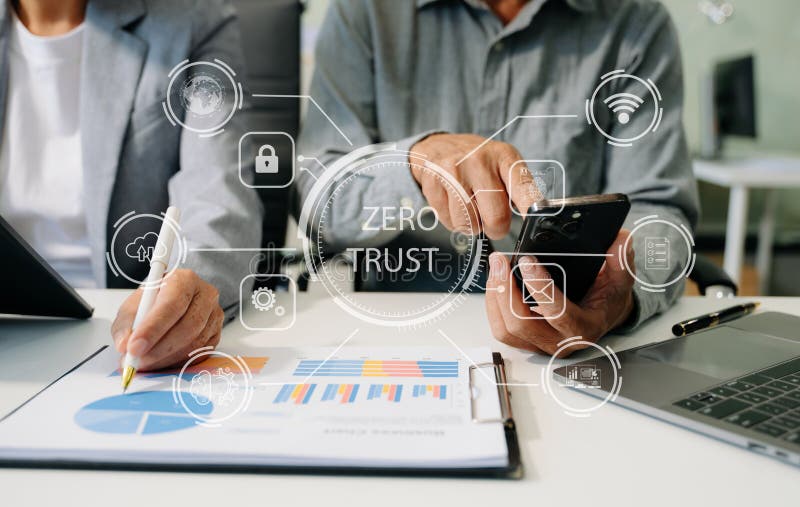 Zero Trust Security Concept Person Using Computer and Tablet with Zero ...