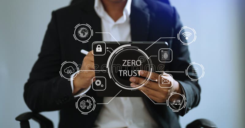 Zero Trust Security Concept Person Using Computer and Tablet with Zero ...