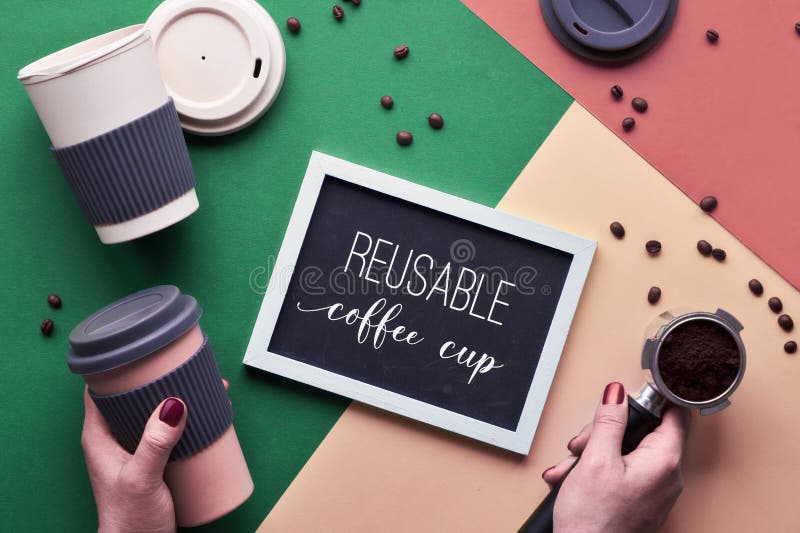 Zero Waste Coffee Concept. Eco Friendly Reusable Coffee Cups in Hands ...