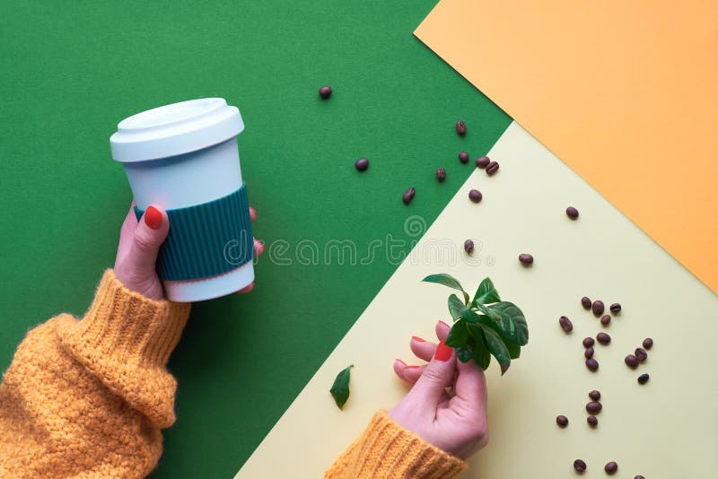 Zero Waste Coffee Concept. Eco Friendly Reusable Coffee Cups in Hands ...