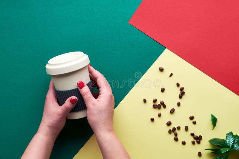 Zero Waste Coffee Concept. Eco Friendly Reusable Coffee Cups in Hands ...