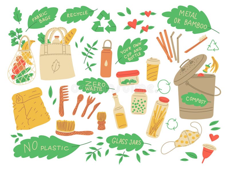 Zero Waste Concept, Set of Vector Illustrations Isolated on White Stock ...