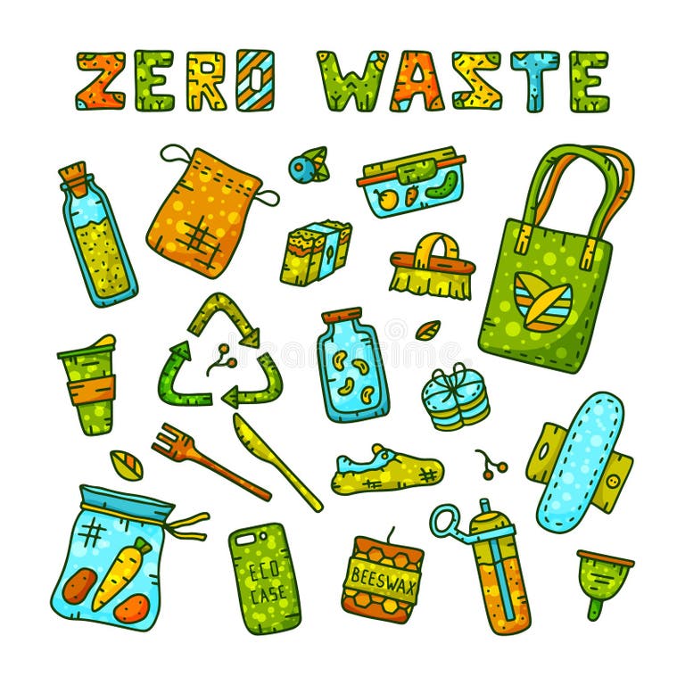 Zero waste doodle stock vector. Illustration of cartoon - 154877714