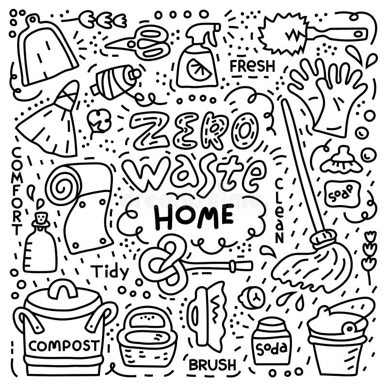 Zero Waste Doodle Outline Illustration, Home Concept Stock Vector ...