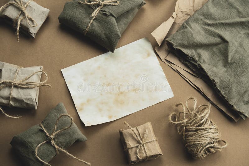 Zero Waste Gift Boxes Wrapped in Paper and Textile on a Brown ...