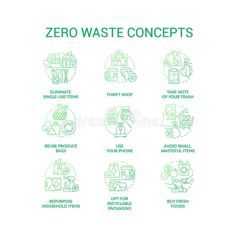 Zero Waste Green Gradient Concept Icons Set Stock Vector - Illustration ...