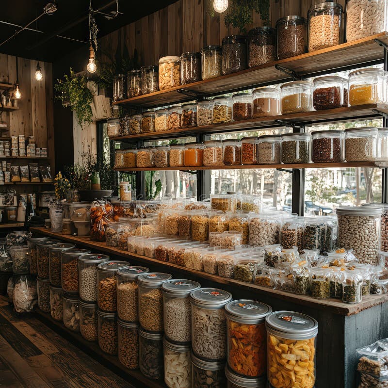A Zero-waste Grocery Store with Bulk Bins and Reusable Containers Stock ...